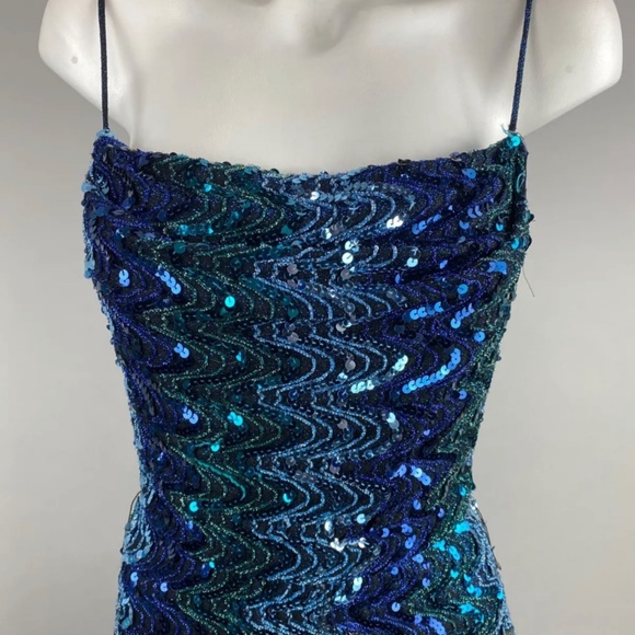 Dresses | Vtg 9s Blue Green Sequin Slinky Mermaid Maxi Dress Glam Gown ...
